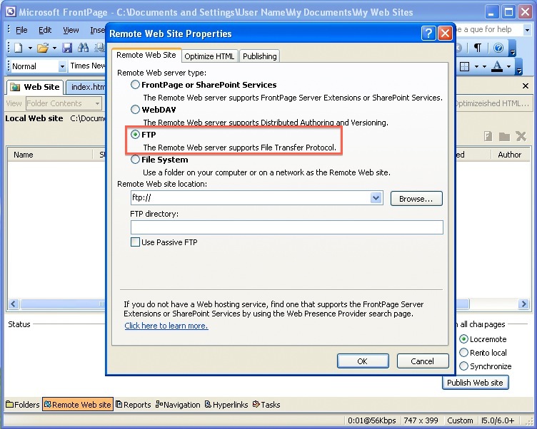 How to publish your site using FTP in FrontPage - Bluehost
